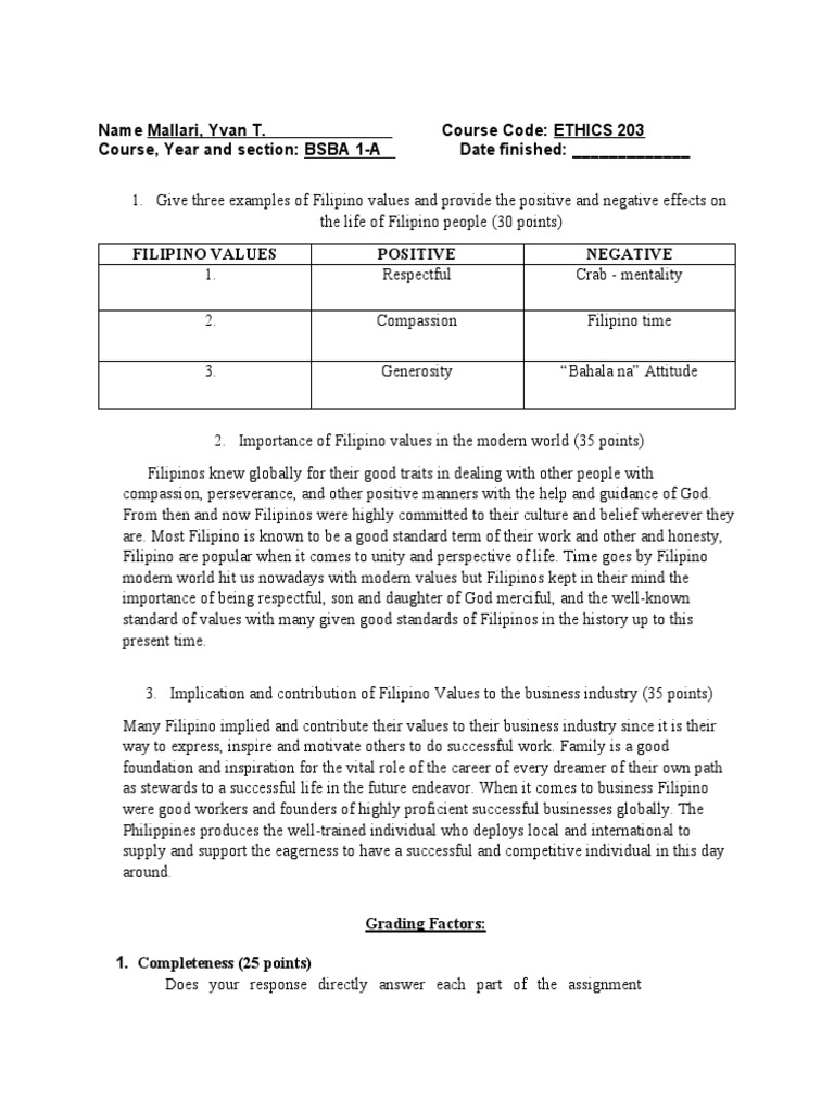 Activity 3 - Filipino Values | PDF | Psychology | Cognitive Science