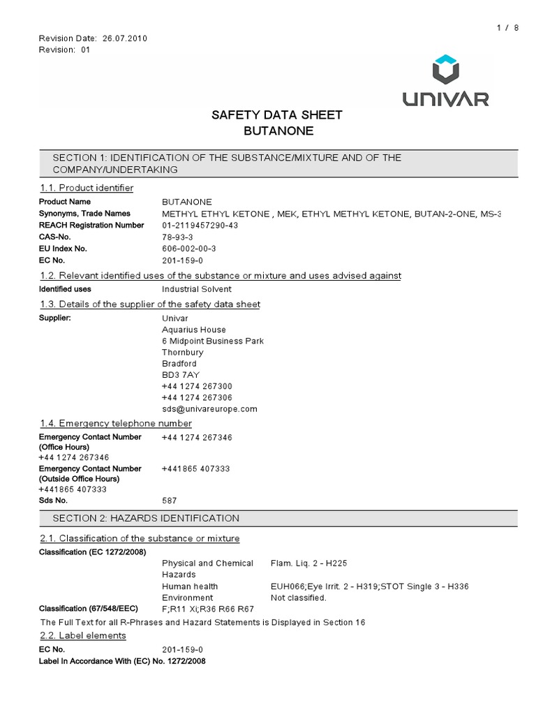 Safety Data Sheet for Butanone | PDF | Dangerous Goods | Toxicity