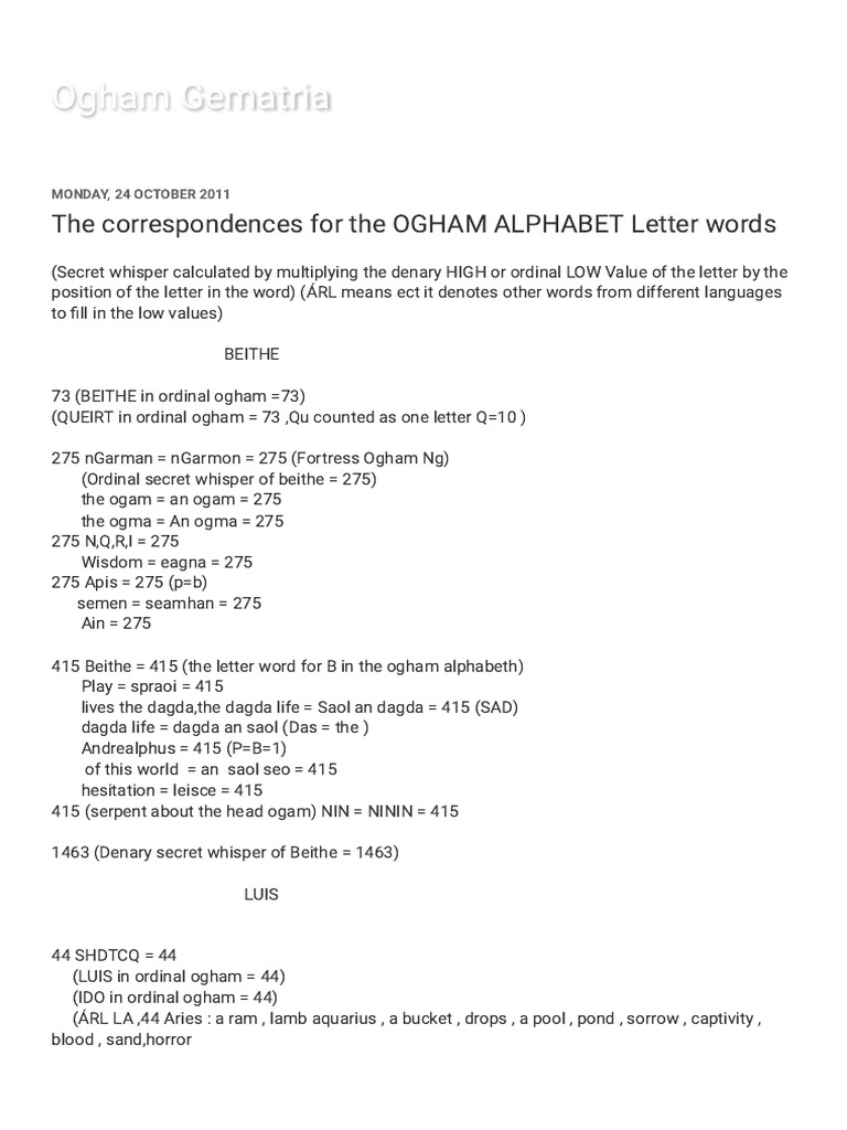 Ogham Gematria - The Correspondences For The OGHAM ALPHABET Letter ...