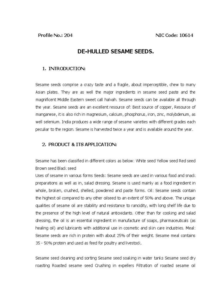 De-Hulled Sesame Seeds.: Profile No.: 204 NIC Code: 10614 | PDF ...