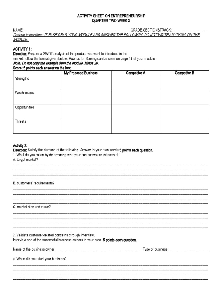 Activity Sheet On Entrepreneurship | PDF | Entrepreneurship | Business