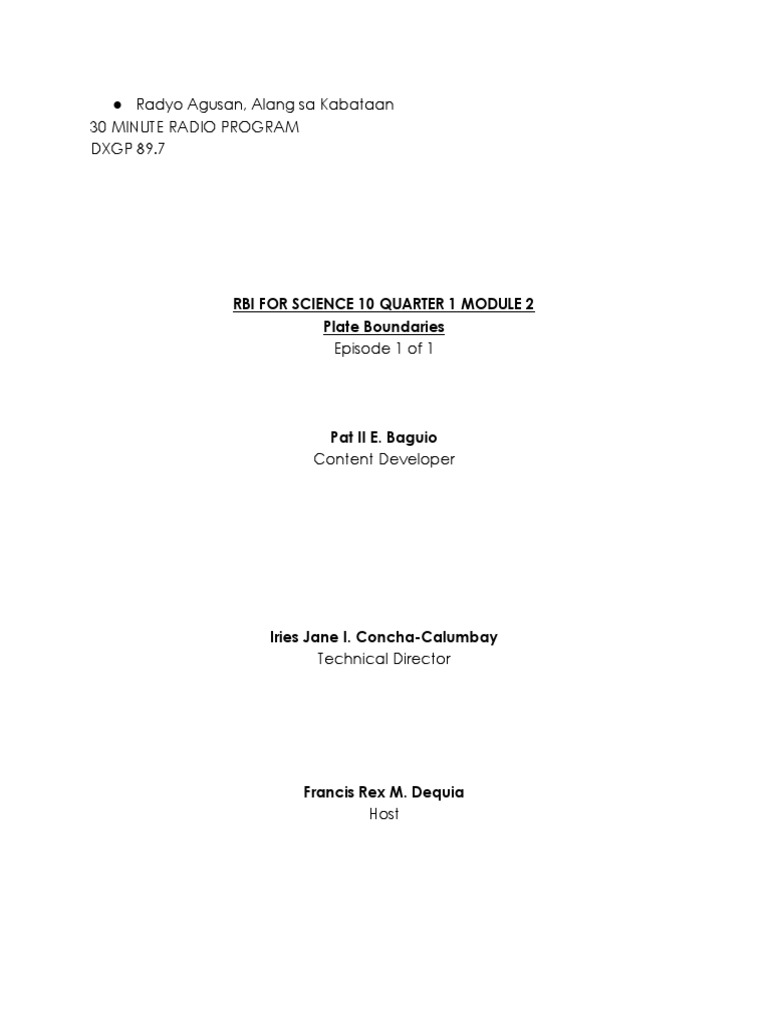 RBI Script For Science 10 - SDO AgSur | PDF | Plate Tectonics | Earth ...