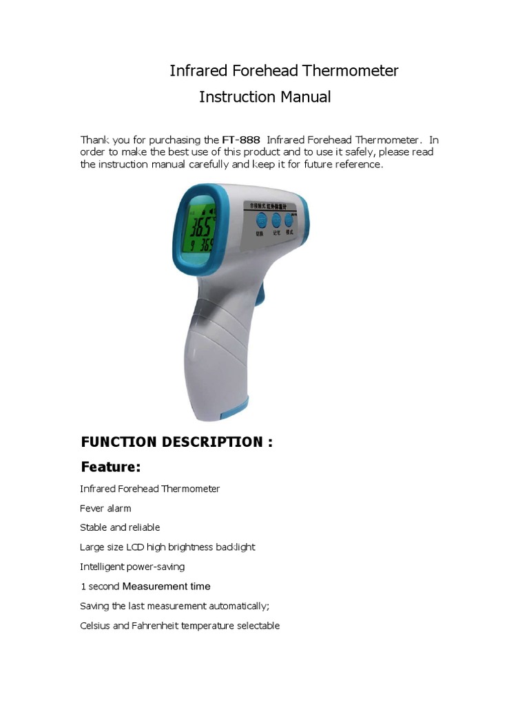 Infrared Forehead Thermometer Instruction Manual: Function Description ...
