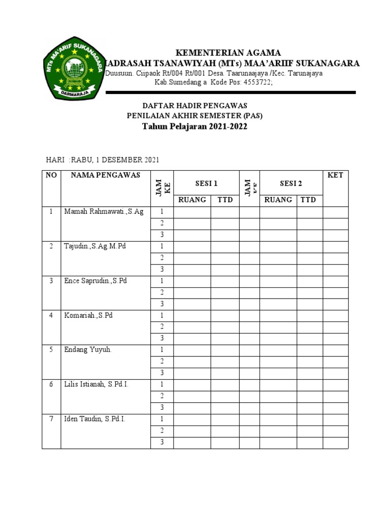 Daftar Hadir Pengawas | PDF