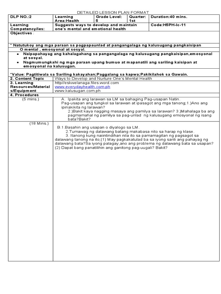 Detailed Lesson Plan in Health 5-2 | PDF