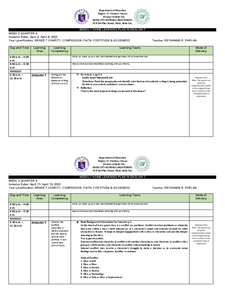 Weekly Home Learning Plans in English 7 | PDF | Cognition | Cognitive Science