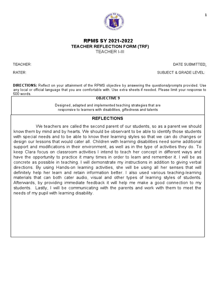 RPMS SY 2021-2022: Teacher Reflection Form (TRF) | PDF | Teaching ...
