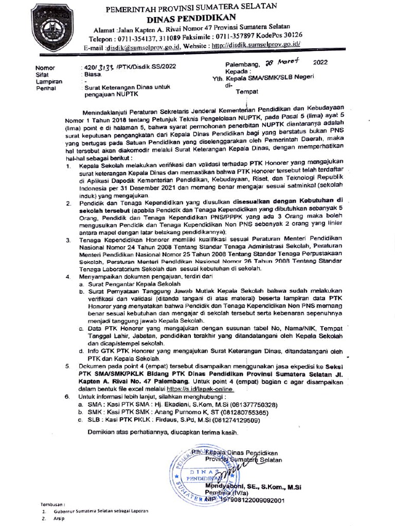 Edaran Pembuatan Surat Keterangan Dinas Untuk Pengajuan NUPTK | PDF