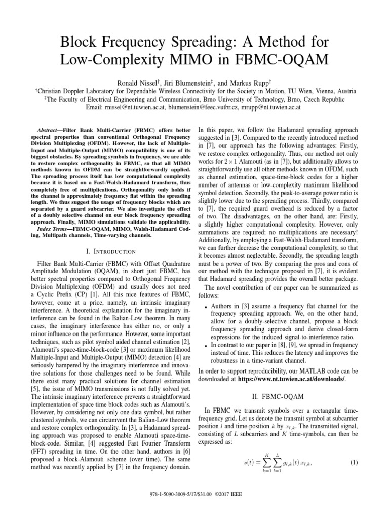 04 Nissel 2017 Block Frequency Spreading A Method For Low Complexity MIMO in FBMC OQAM | PDF ...