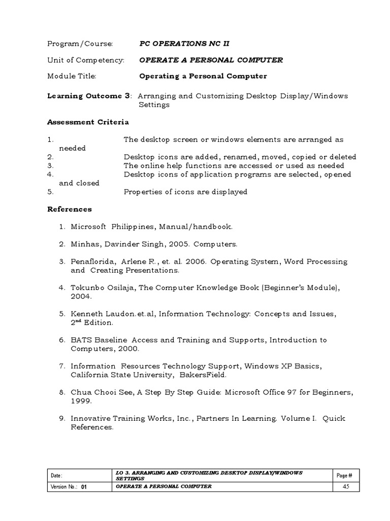 Operating A Personal Computer Learning Outcome 3: Arranging and ...