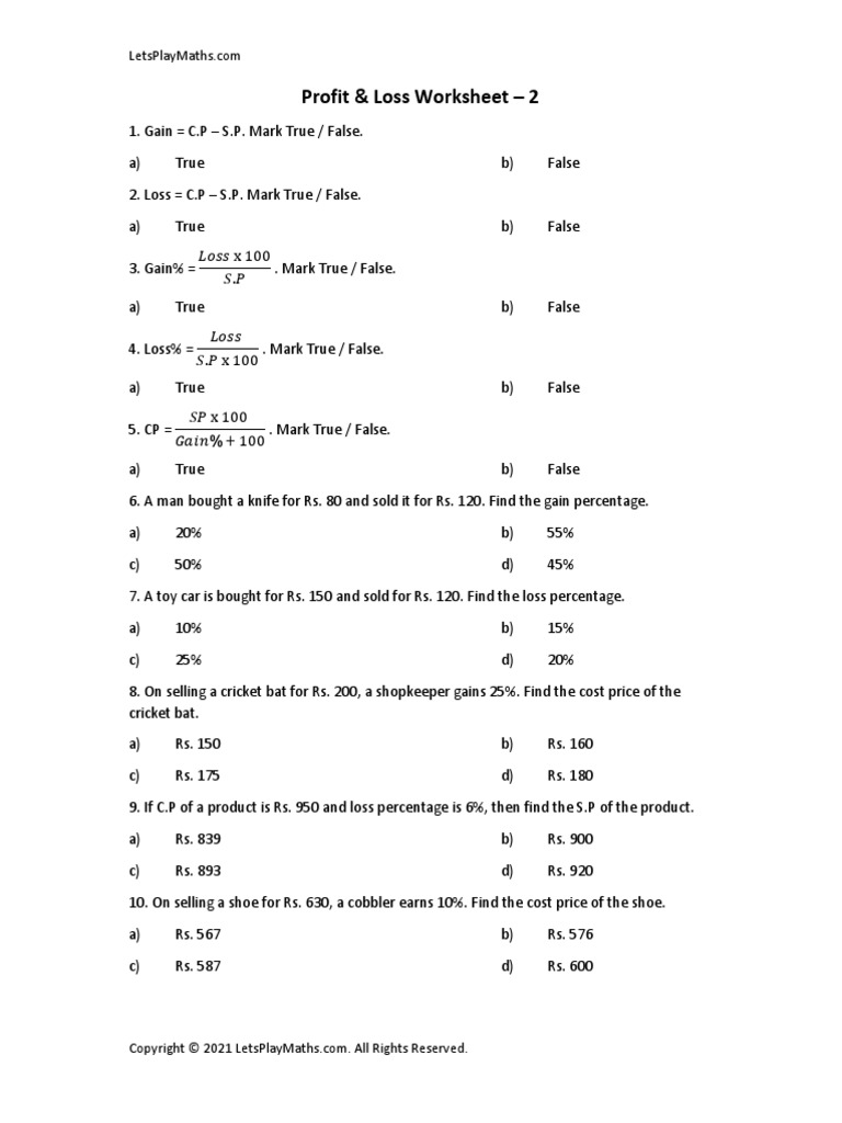 Profit & Loss Worksheet-2 | PDF | Business | Market (Economics)