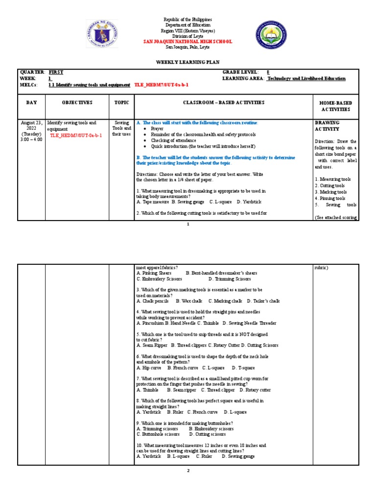 TLE - HEDM7/8UT-0a-b-1: San Joaquin National High School | PDF | Sewing ...