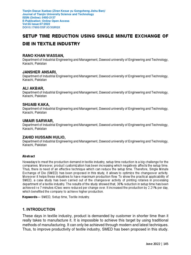 Setup Time Reduction Using Single Minute Exchange of Die in Textile Industry | PDF | Secondary ...