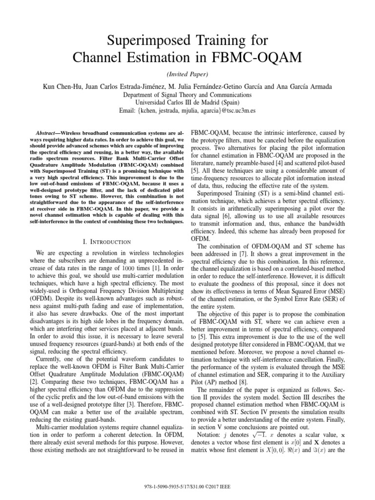 Chenhu2017 - Superimposed Training For Channel Estimation in FBMC OQAM | PDF | Orthogonal ...