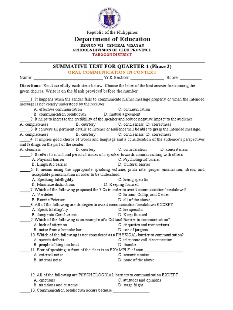 Summative Test: Oral Communication Skills | PDF | Communication | Speech