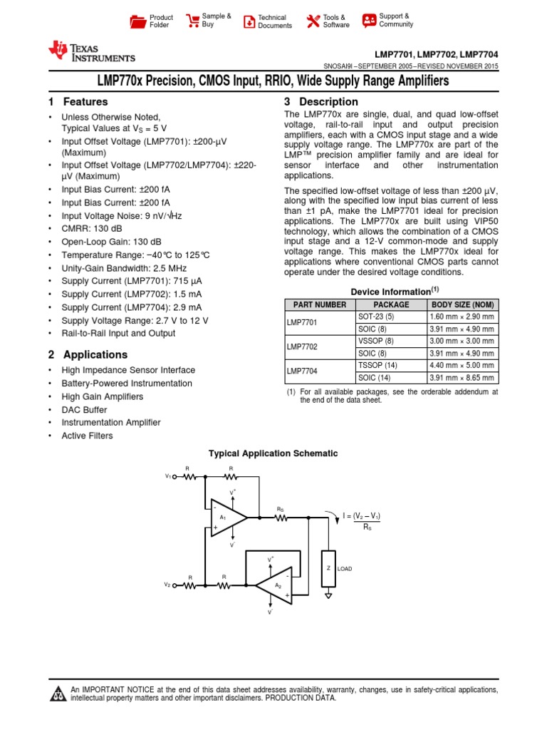 LMP770x Precision, CMOS Input, RRIO, Wide Supply Range Amplifiers | PDF | Amplifier ...