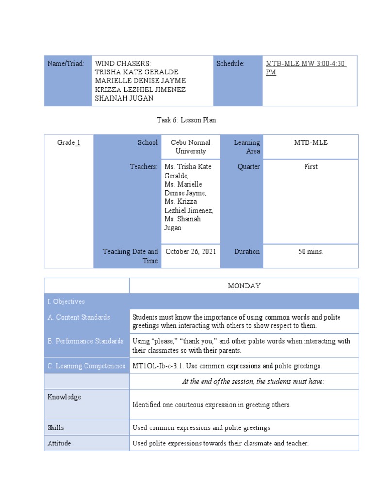 Grade 1 Polite Greetings Lesson Plan | PDF | Teachers | Cognitive Science