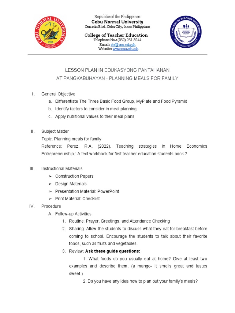 EPP Lesson Plan - Planning Meals For The Family (Group 1) | PDF ...
