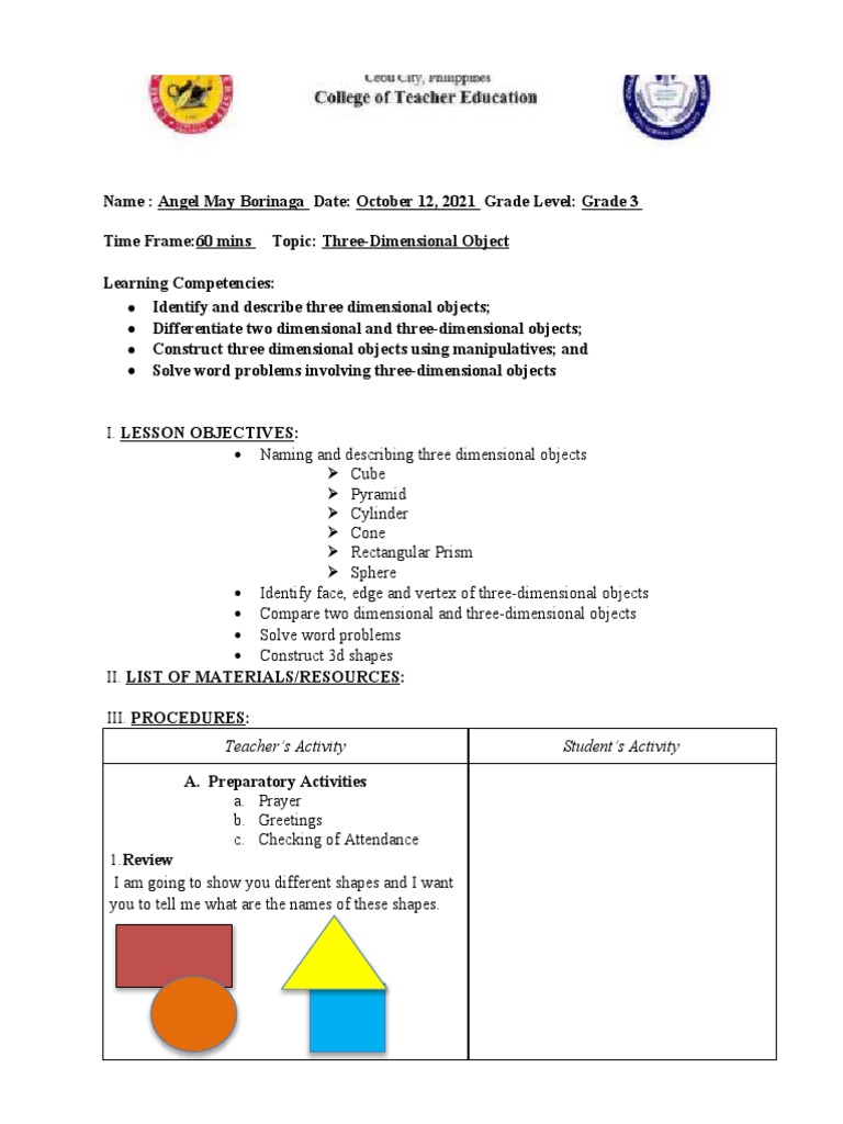 Lesson Plan Three Dimensional Object BORINAGA Final | PDF | Shape | Length