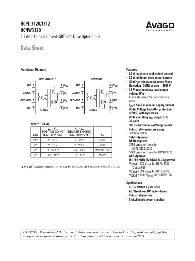 Data Sheet: HCPL-3120/J312 HCNW3120 | PDF | Insulator (Electricity) | Power Inverter