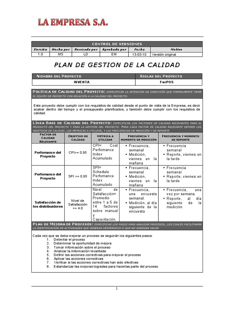 Plan de Calidad Ejemplo | PDF | Gestión de proyectos | Gestión de la calidad