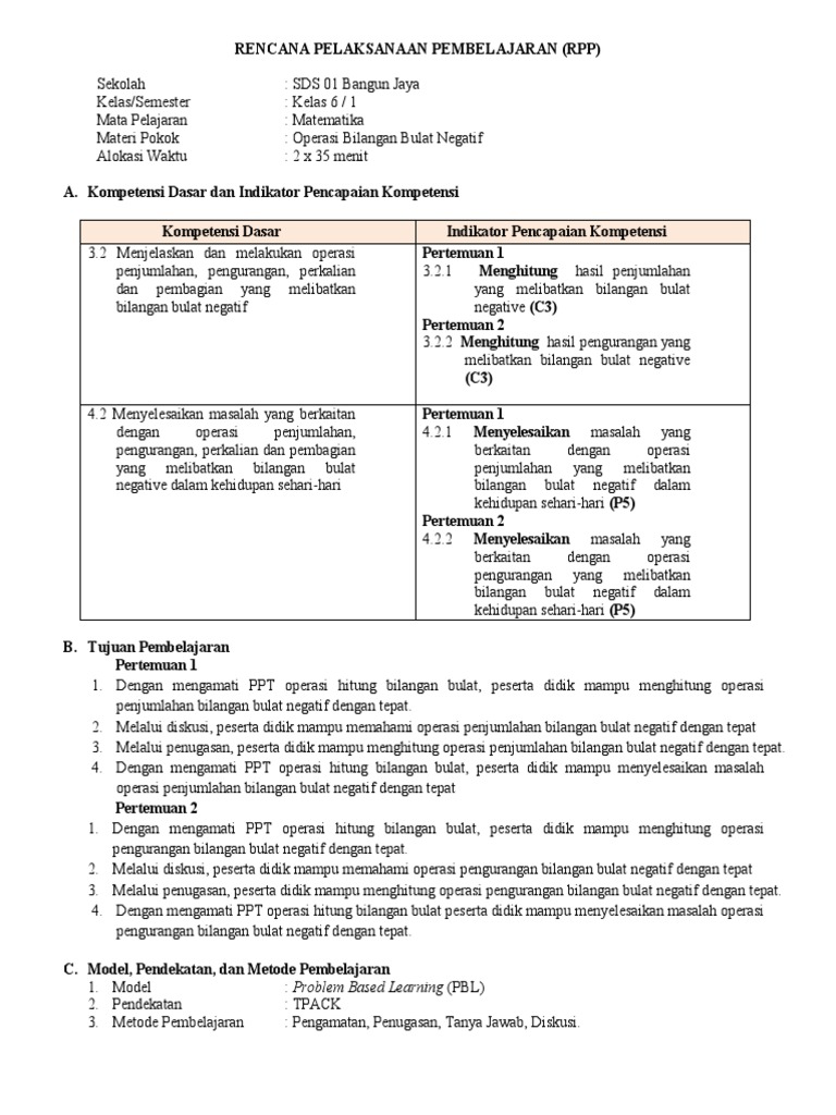 RPP PBL Matematika Bilangan Bulat Kelas 6 SD MI | PDF