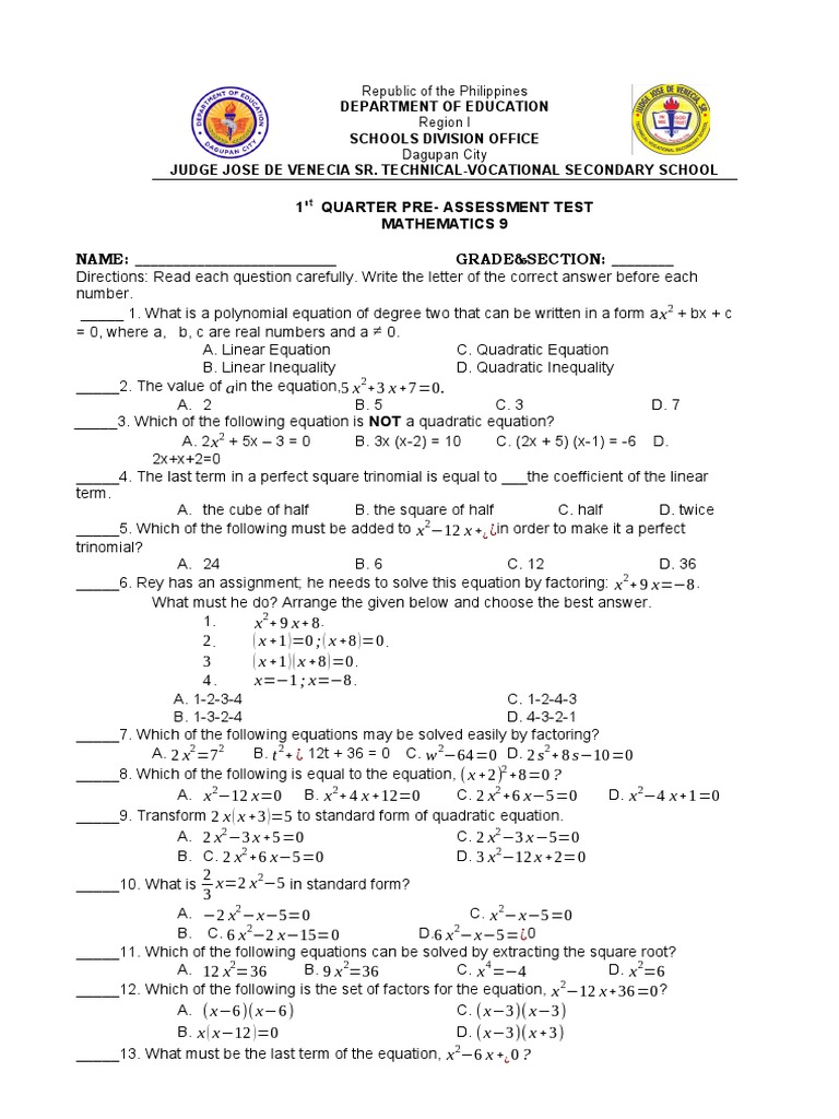 Math 9 1ST Quarter Pre Assessment | PDF | Quadratic Equation ...