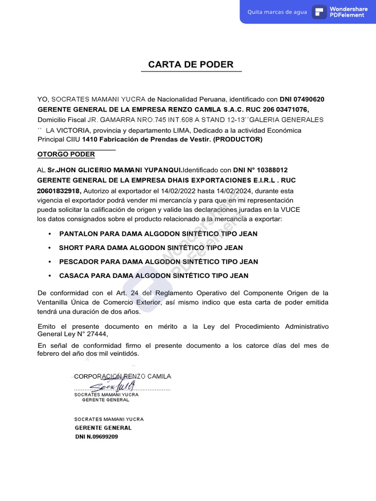 Carta DE Poder: Gerente General DNI N.09699209 | PDF