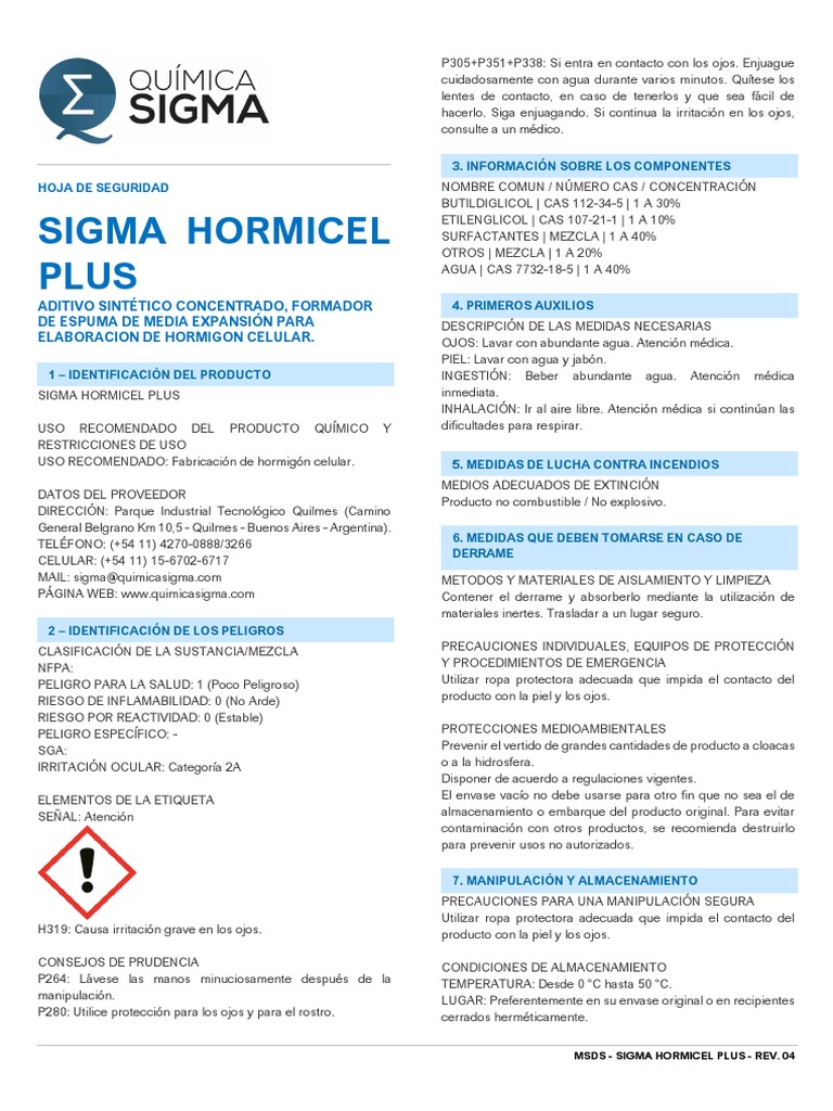 Msds Sigma Hormicel Plus | PDF | Agua | Sustancias químicas