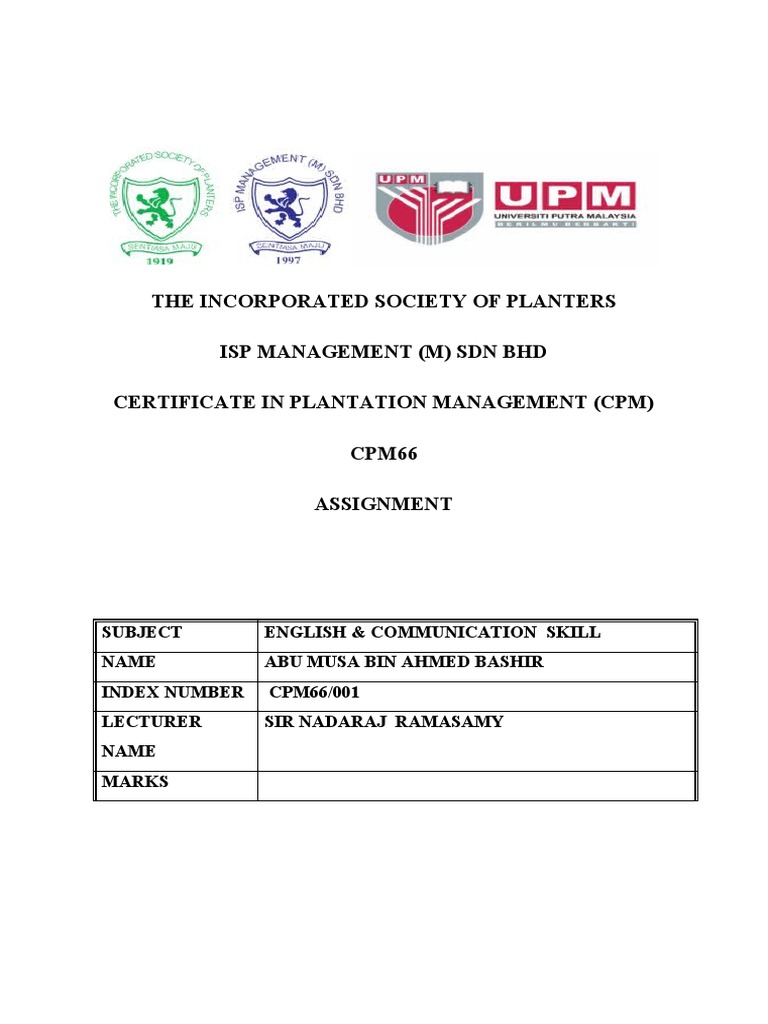 The Incorporated Society of Planters Isp Management (M) SDN BHD Certificate in Plantation ...