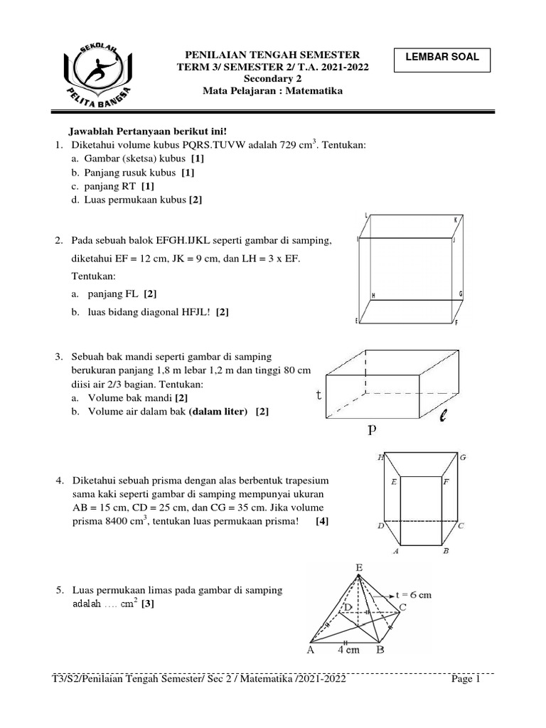 PTS Sem 2 Sec 2 Math Indo (2022) - Kubus, Balok, Prisma, Limas | PDF | Metode & Bahan Ajar ...