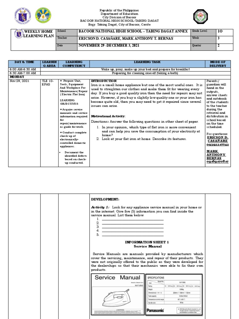 WHLP Tle - Epas 10 - Week 3 | PDF | Specification (Technical Standard) | Home Appliance