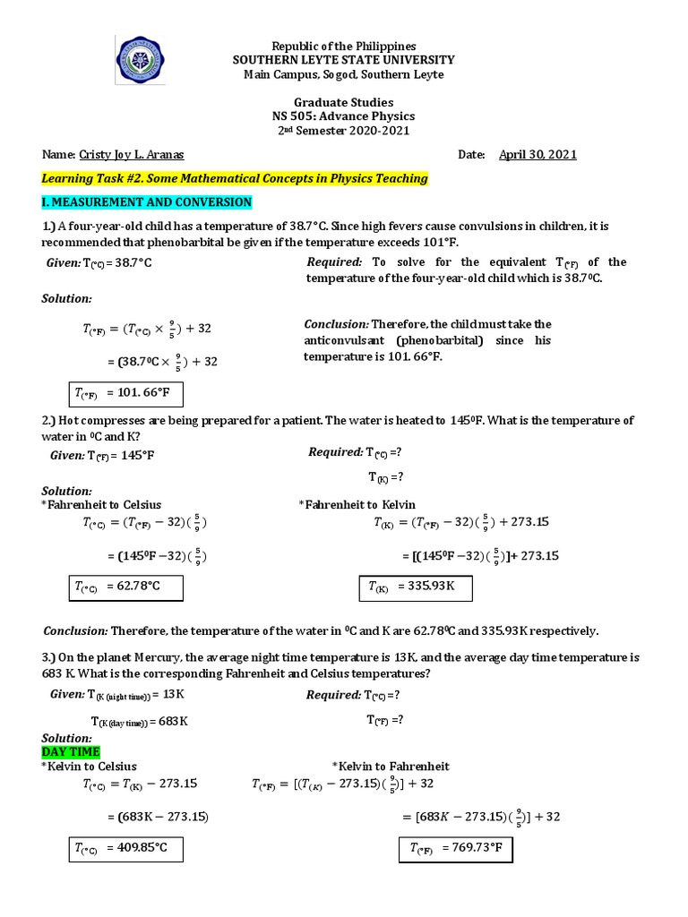 Lesson 2 - Aranas, Cristy Joy L. | PDF | Fahrenheit | Quantity
