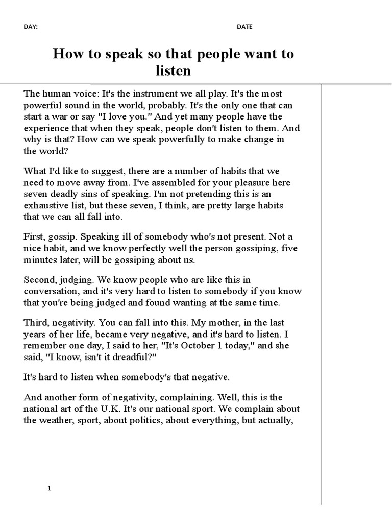 How To Speak So That People Want To Listen Pdf Language Arts