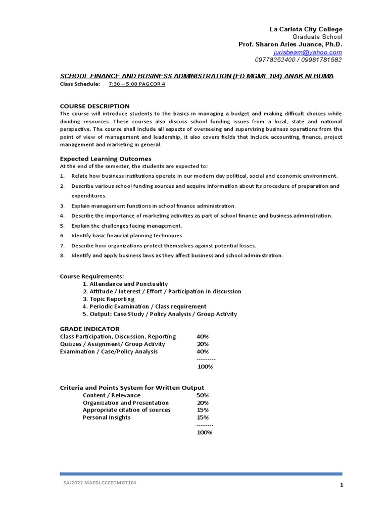 LCCC Course Outline - School Finance and Business Administration | PDF ...