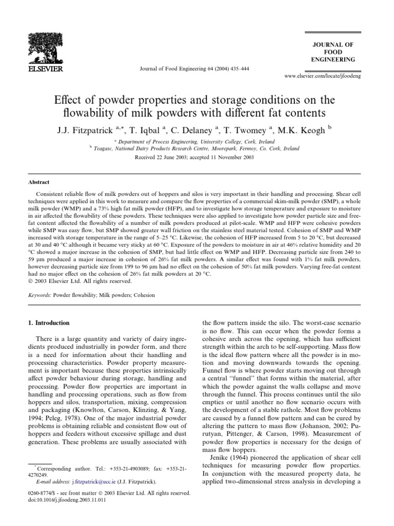 Effect of powder properties and storage conditions on the flowability ...