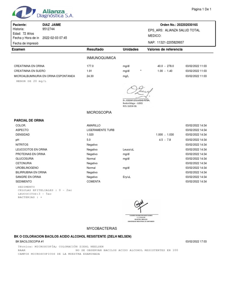 Resultados de exámenes de orina y baciloscopia de paciente de 72 años ...