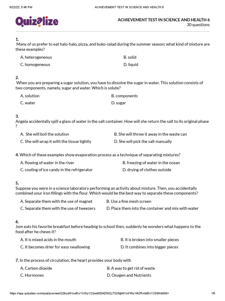 Division Achievement Test in Science and Health 6 | PDF | Human Body ...