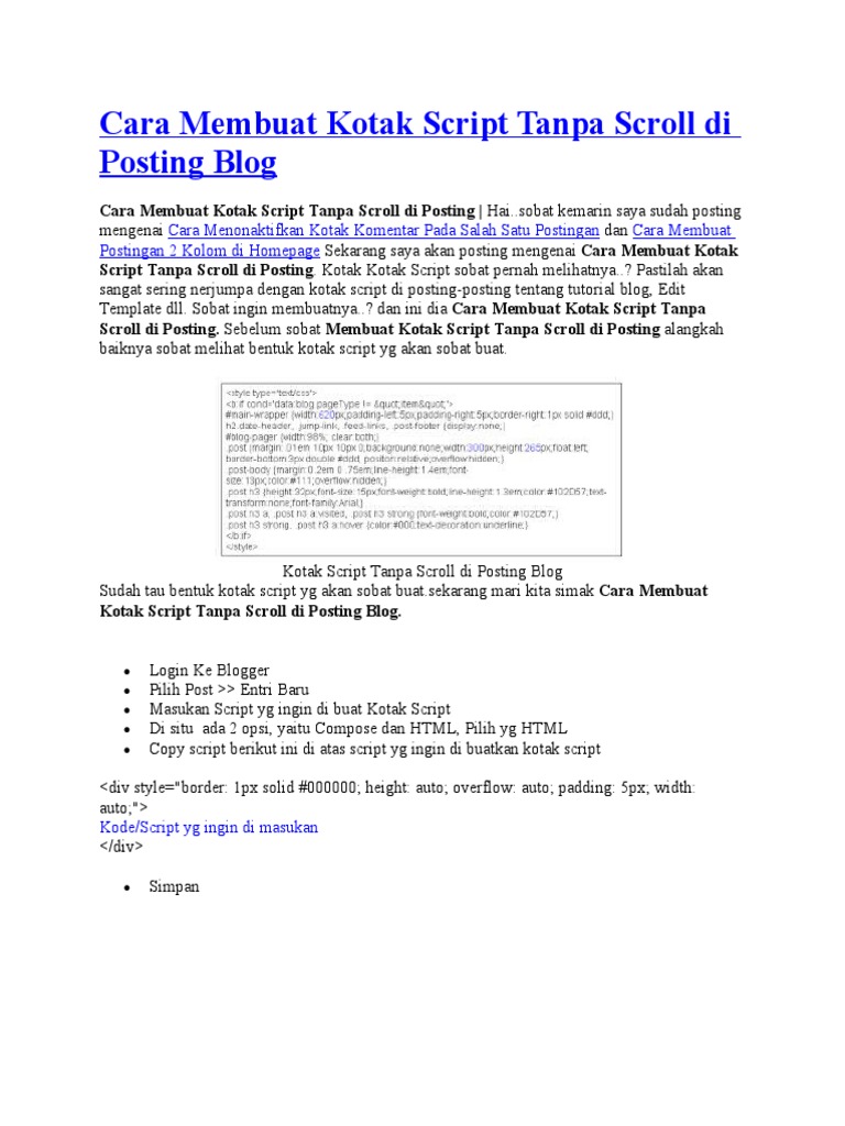 Cara Membuat Kotak Script Tanpa Scroll Di Posting Blog | PDF