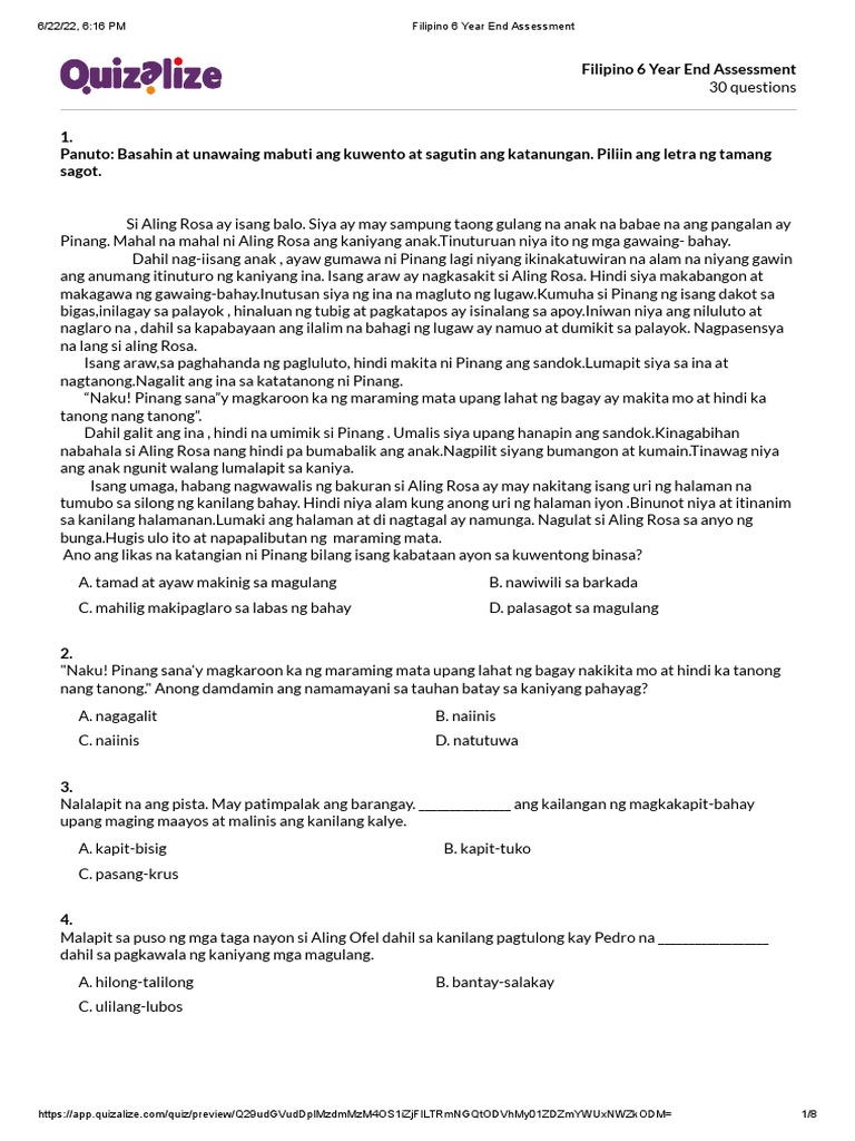 Filipino 6 Year End Assessment | PDF