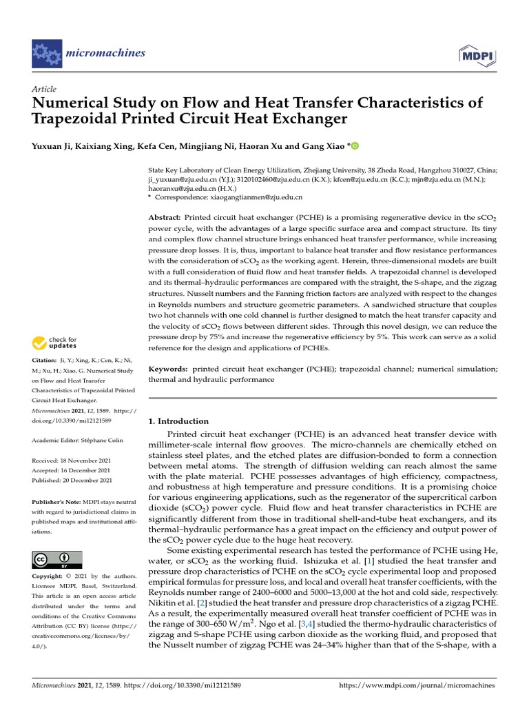 Numerical Study On Flow and Heat Transfer Characteristics of Trapezoidal Printed Circuit Heat ...