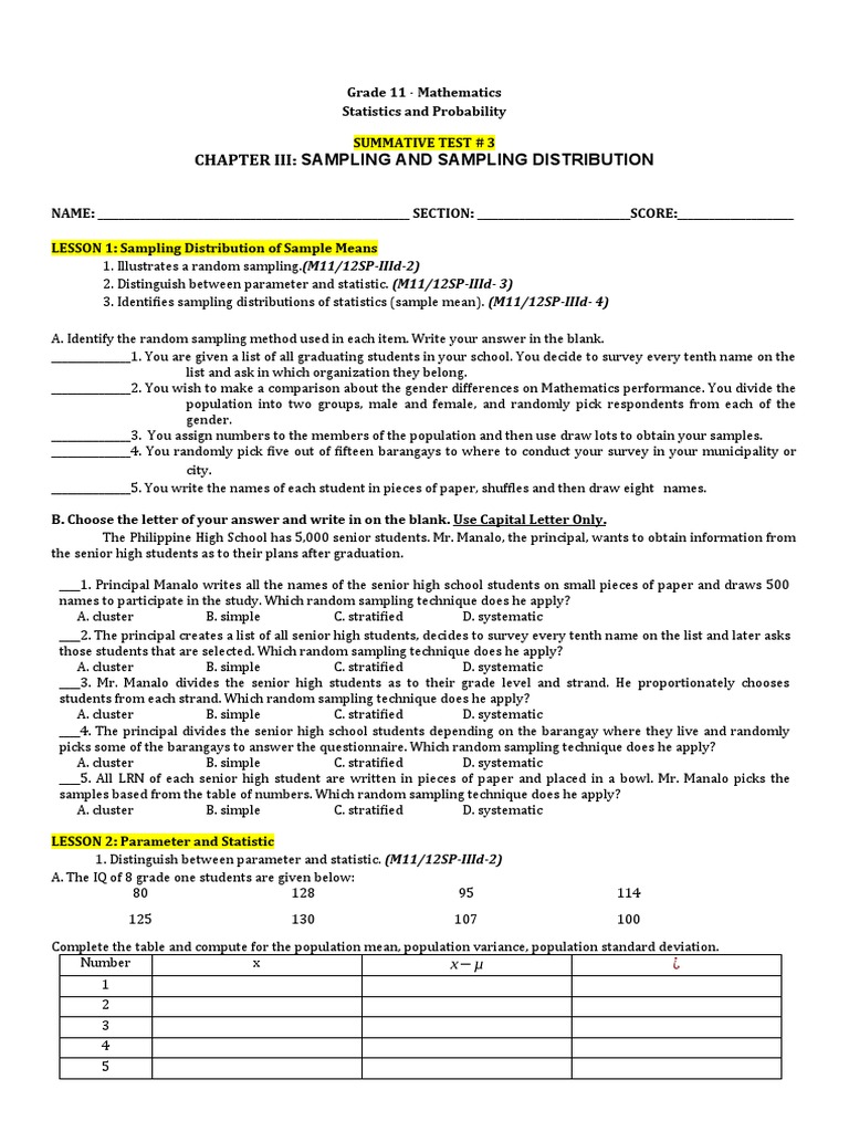 Chapter Iii: Sampling and Sampling Distribution | PDF | Variance | Standard Deviation