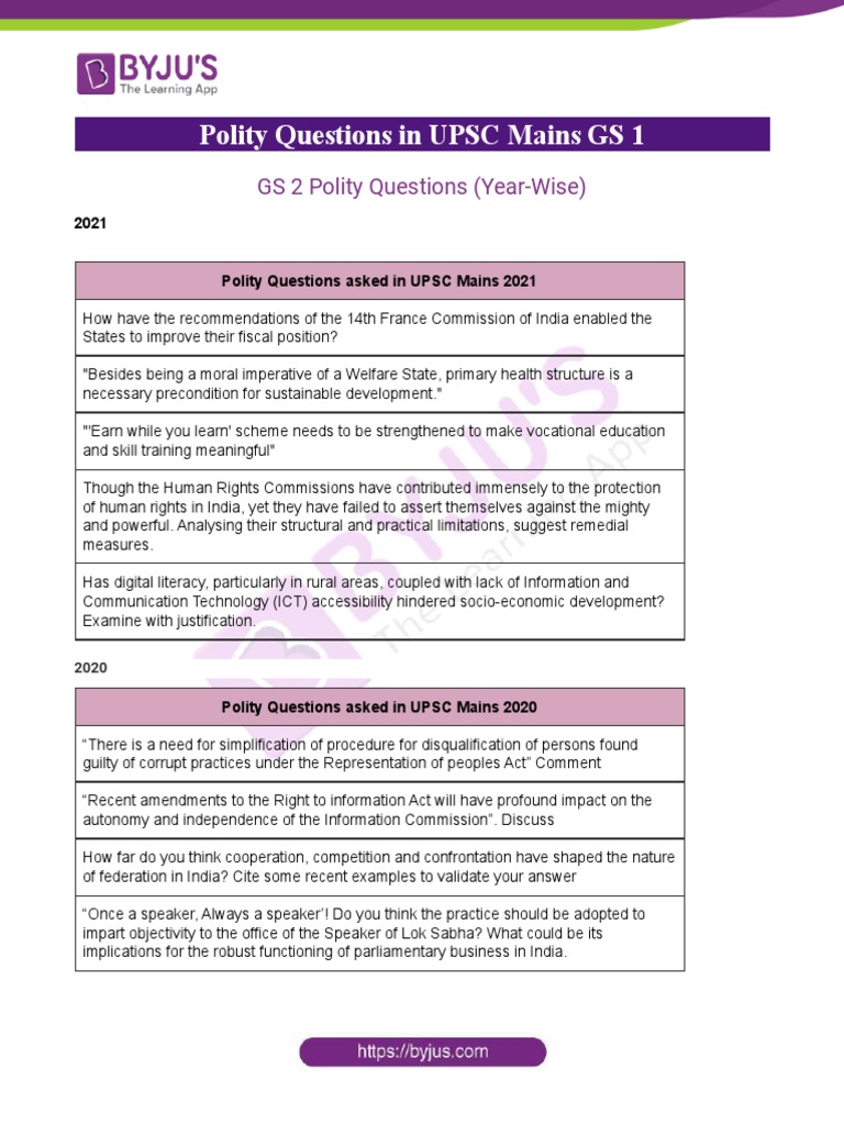 Polity Questions in UPSC Mains GS 1 | PDF | Constitution | Supreme Court Of India