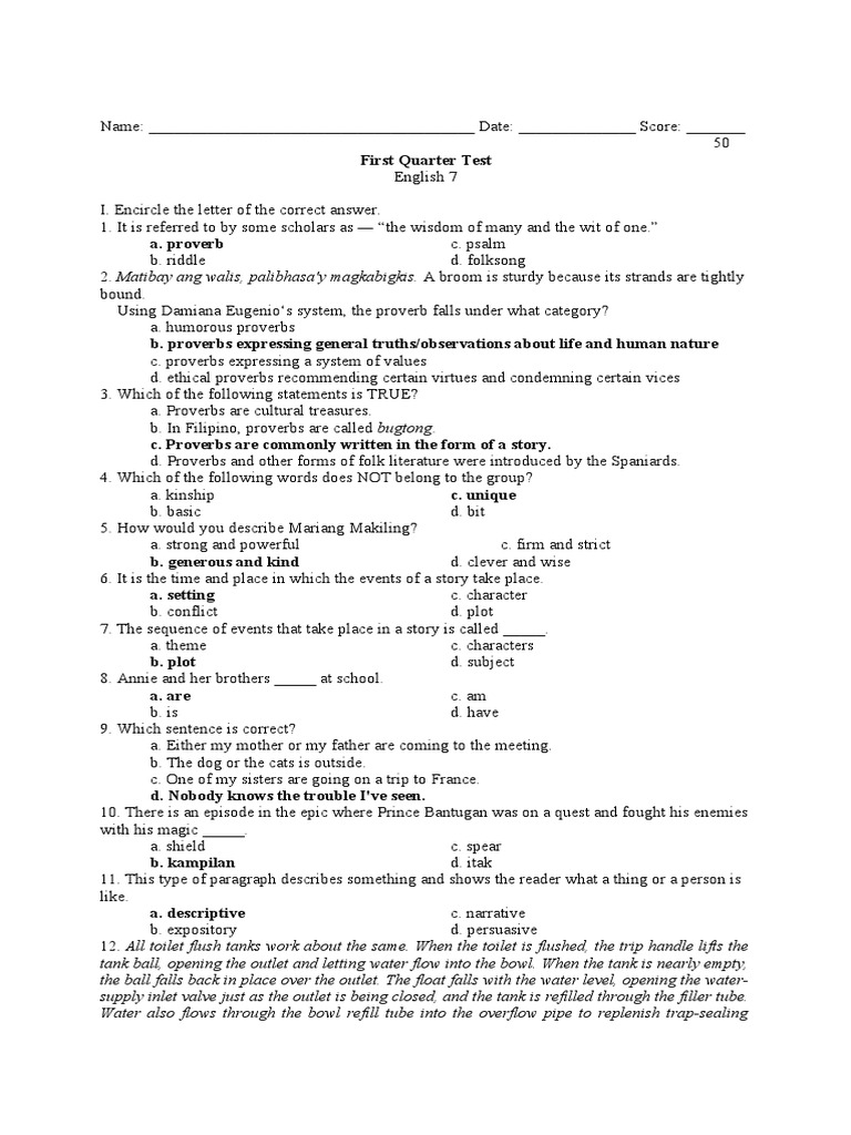 1st Quarter Test - English 7 | PDF