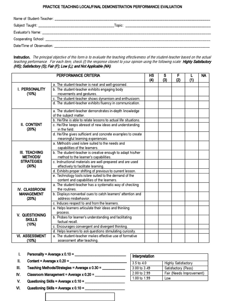 Template - Practice Teacher Teaching Demo Evaluation Form - October 21 ...