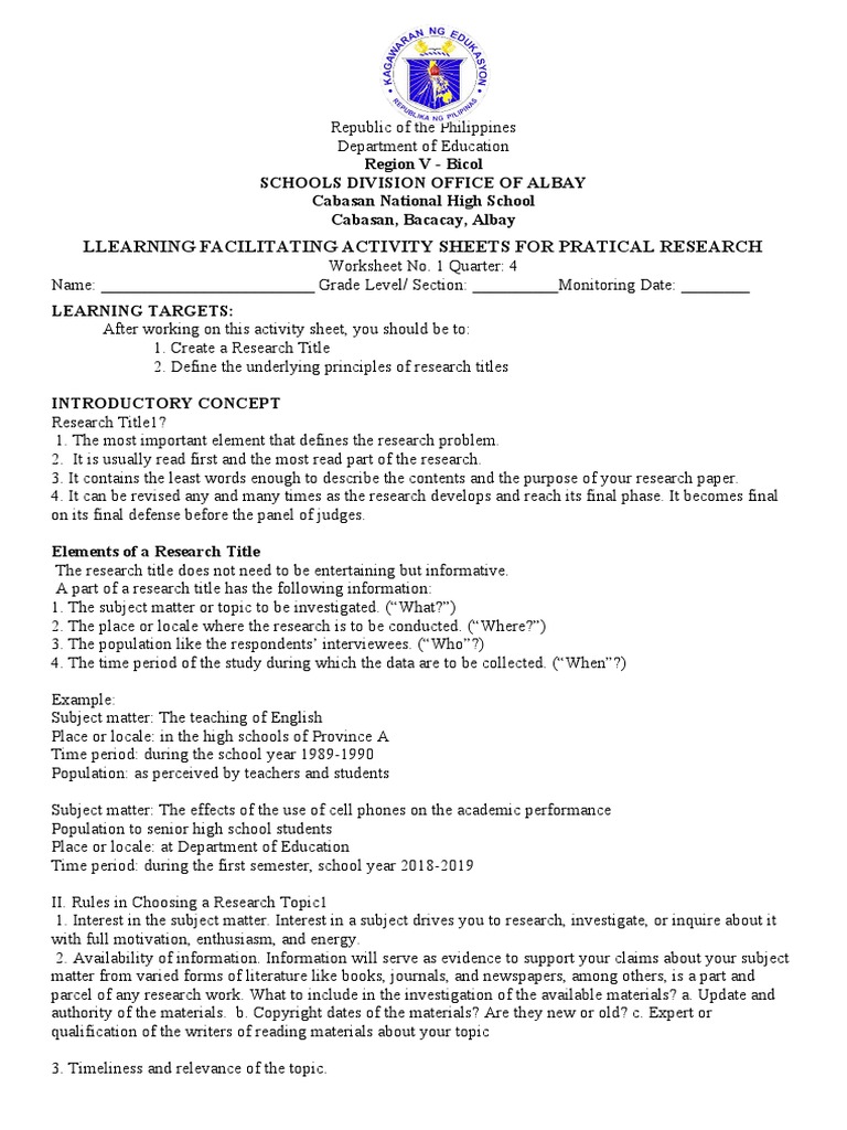 Practical Reseacrh LAS Q4 W1 | PDF | Expert | Cognition