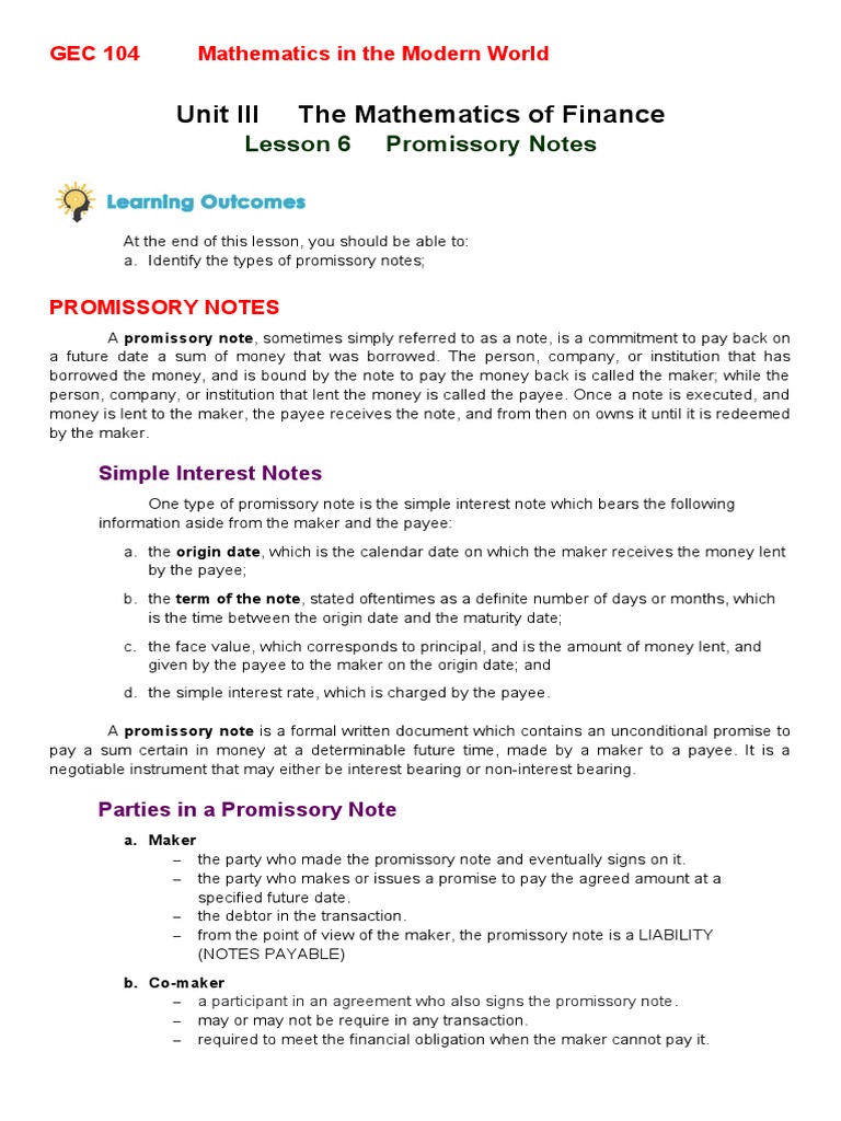 GEC 104 Week 13 - Promissory Note | PDF | Promissory Note | Trade