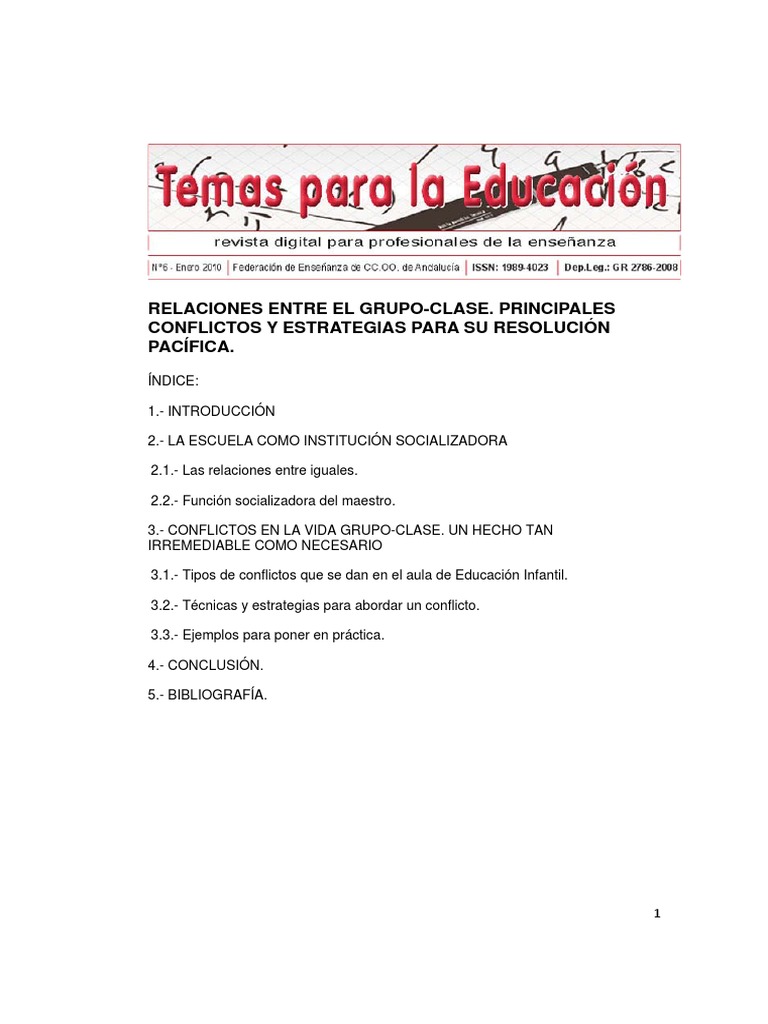 Relaciones Entre El Grupo-Clase. Principales Conflictos Y Estrategias ...