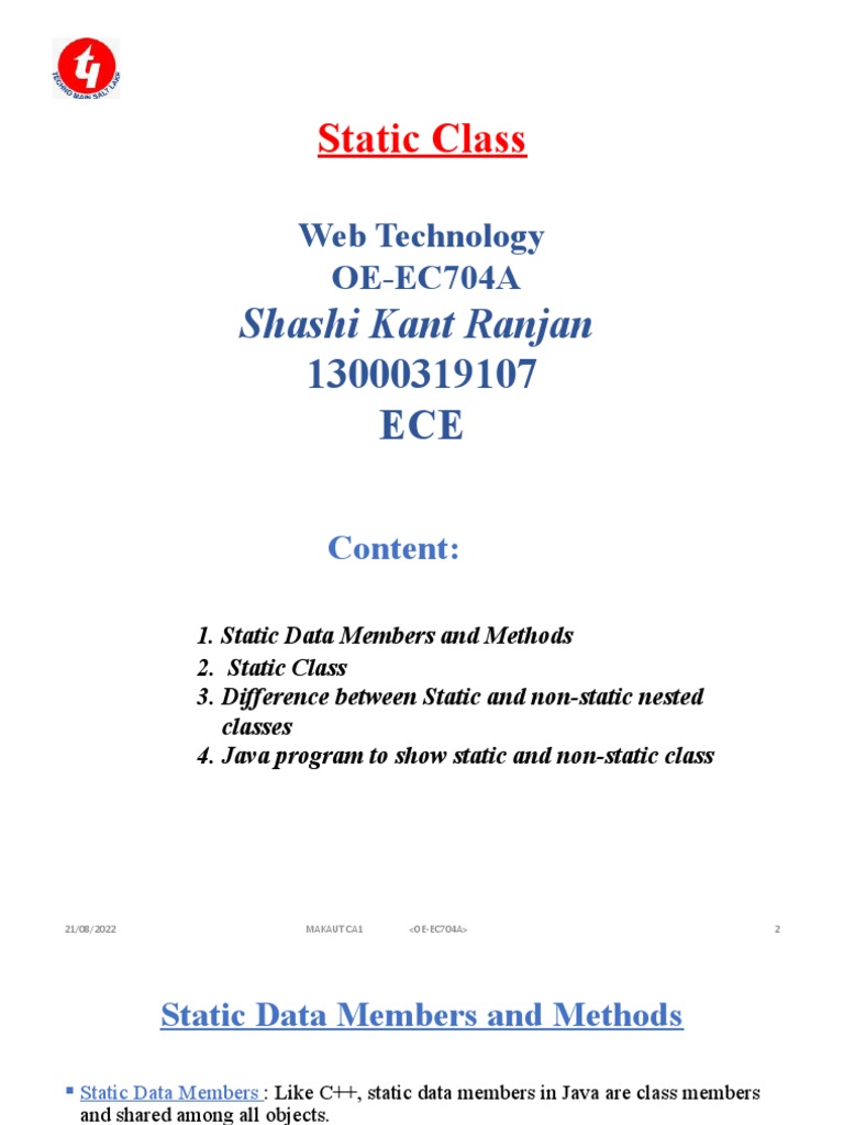 Static Class: Web Technology OE-EC704A | PDF | Class (Computer Programming) | Method (Computer ...