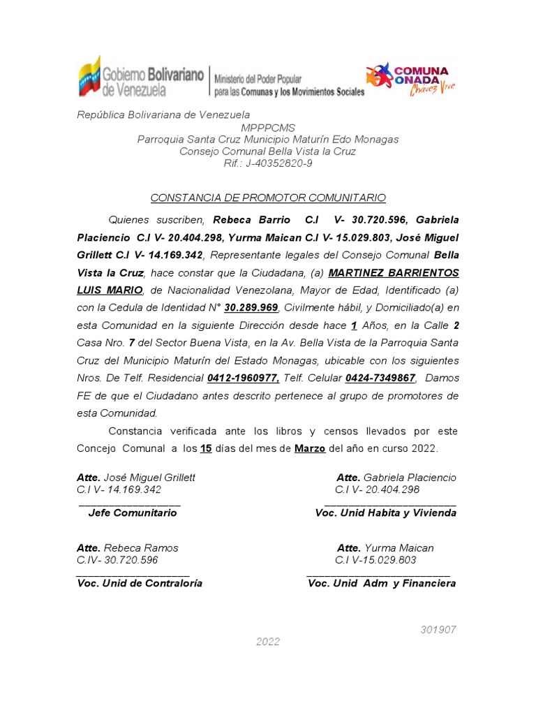 Certificado de Promotor Comunitario emitido por el Consejo Comunal ...